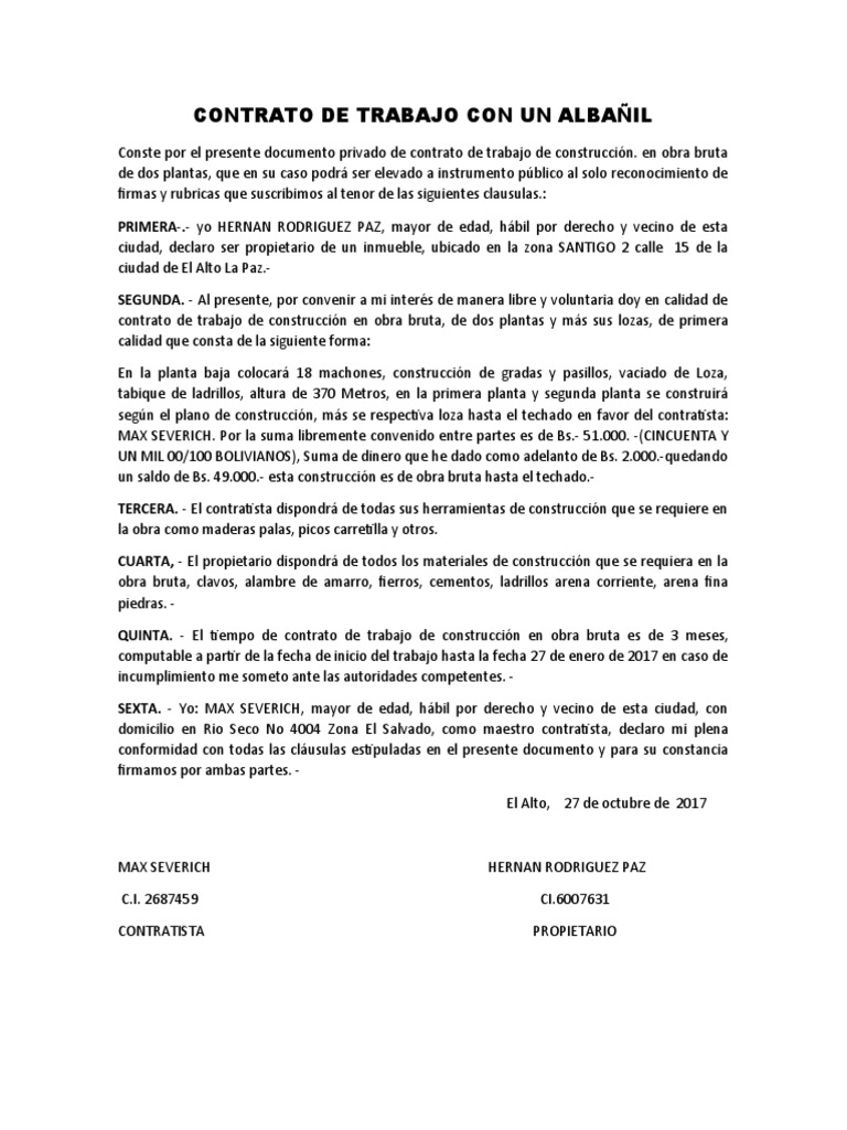 Contrato de Trabajo Con Un Albañil | PDF