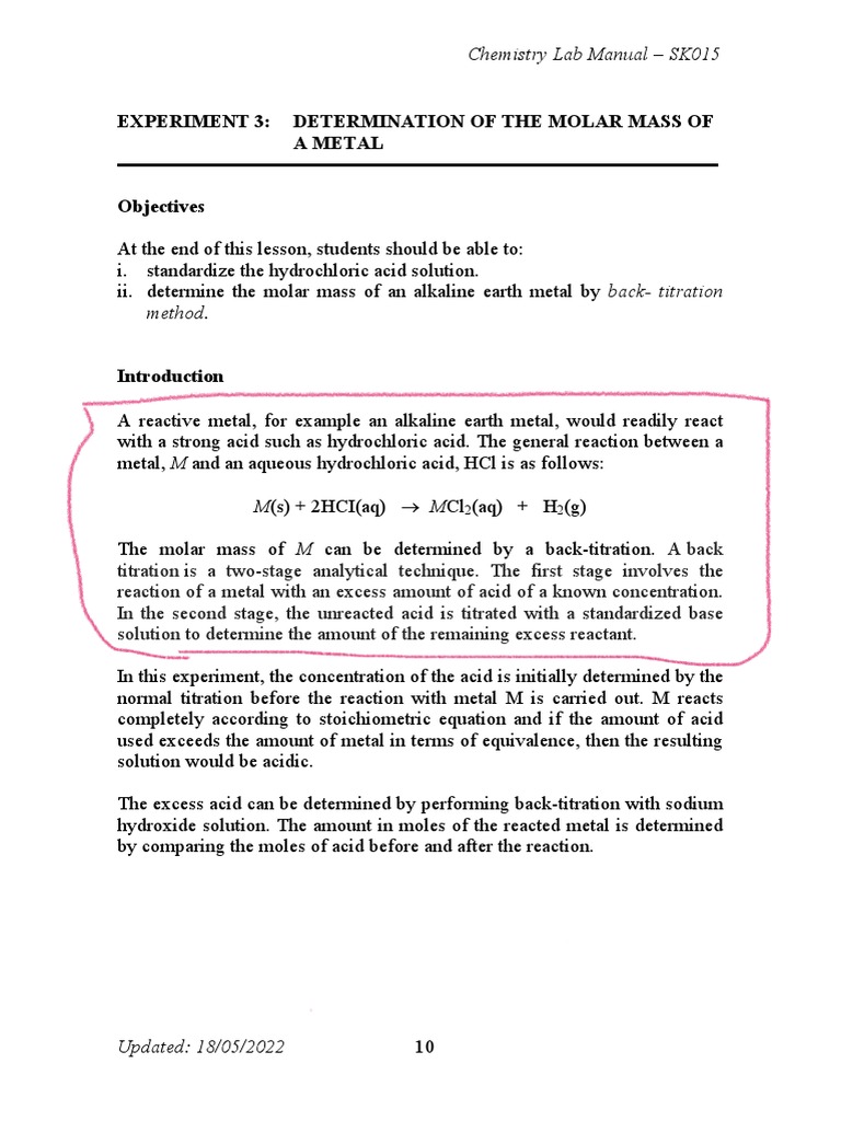 Experiment 3: Determination of The Molar Mass of A Metal: Chemistry Lab ...