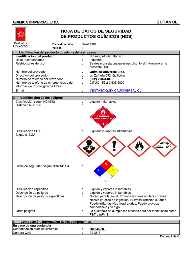 Butanol Hoja de Datos de Seguridad de Productos Químicos (HDS) | PDF ...