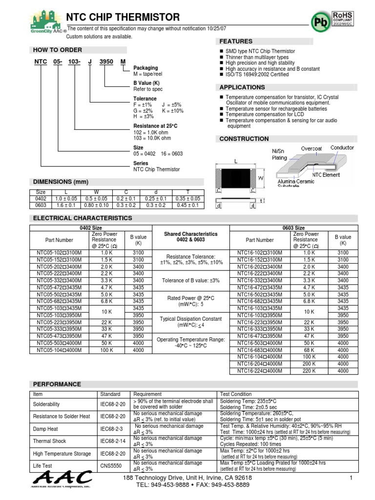 Specifications and Performance Characteristics for NTC Chip Thermistors | PDF | Electrical ...