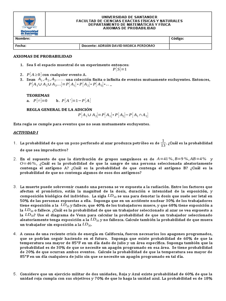Axiomas de Probabilidad: P S P A 0 A, A, A P A A A A A A | PDF | Probabilidad | Matemáticas