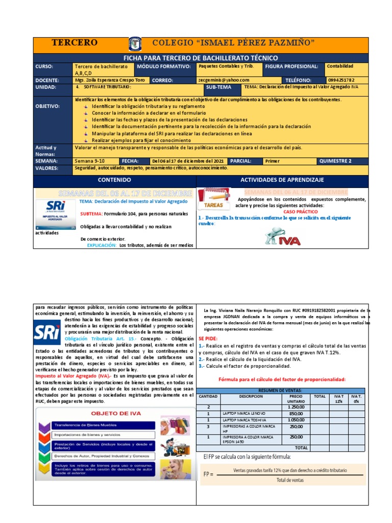 2do Qum-Sem 9-10 Paq-Ficha para Bachillerato Técnico 3ro. Contabildad | PDF | Impuestos ...