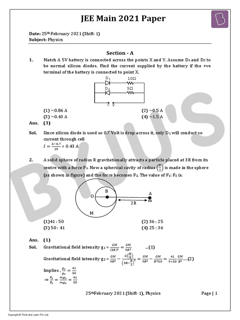 JEE Main 2021 Question Paper Physics Feb 25 Shift 1 | PDF | Inductor ...