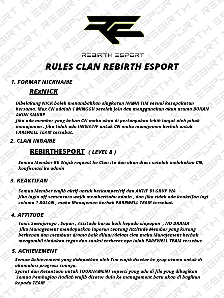 Aturan dan Manfaat Clan Rebirth Esport | PDF