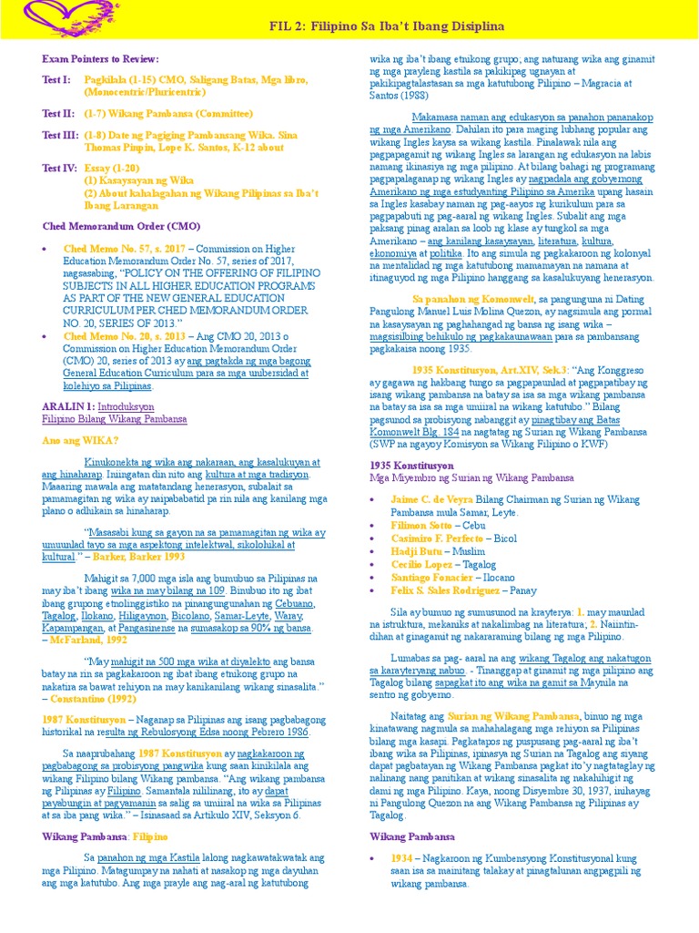 FIL 2 Midterm Reviewer - Filipino Sa Iba't Ibang Disiplina | PDF
