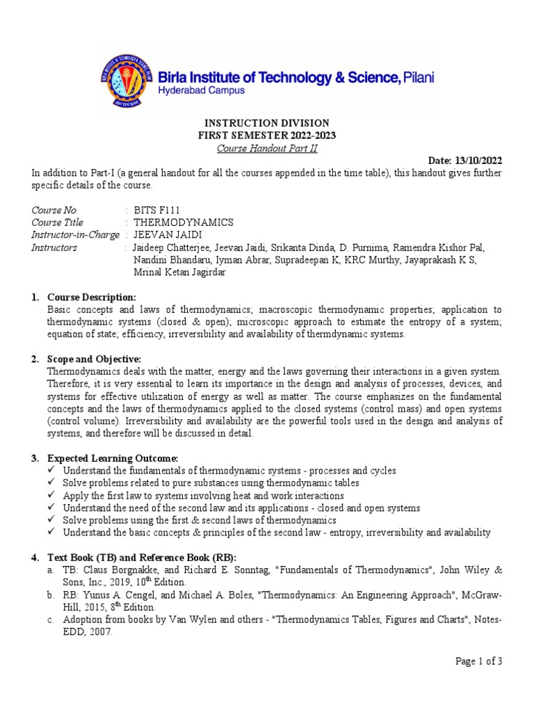 Bits F111-Course Handout | PDF | Second Law Of Thermodynamics | Entropy