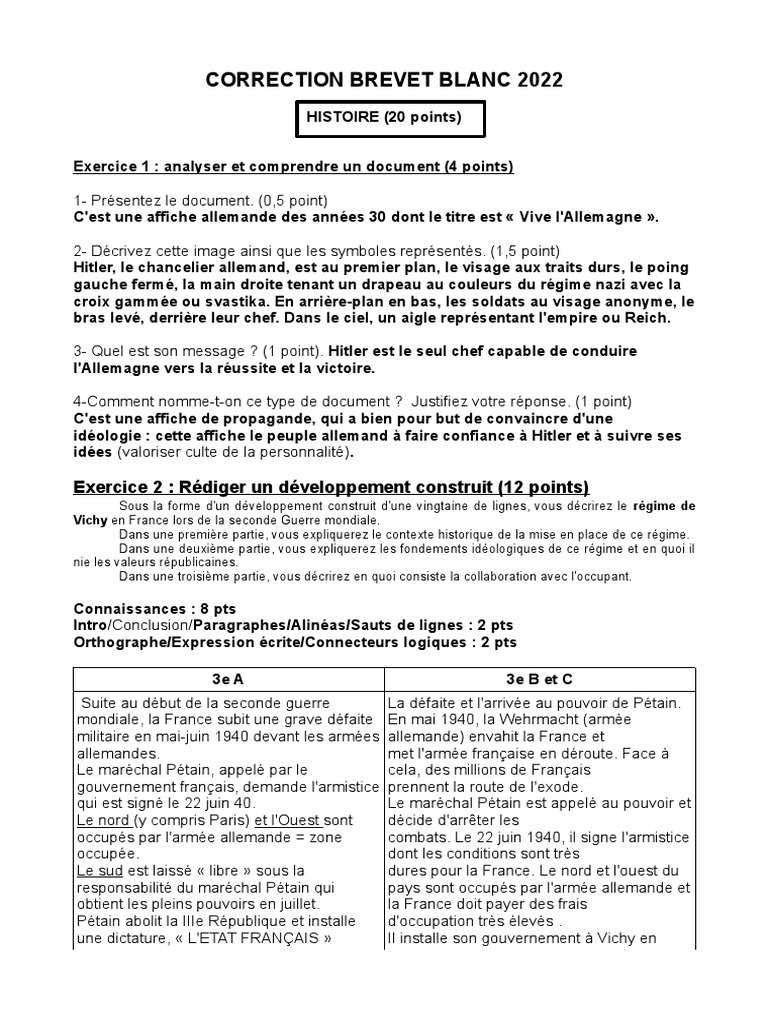 Correction Brevet Blanc 2022: Exercice 2: Rédiger Un Développement Construit (12 Points) | PDF ...