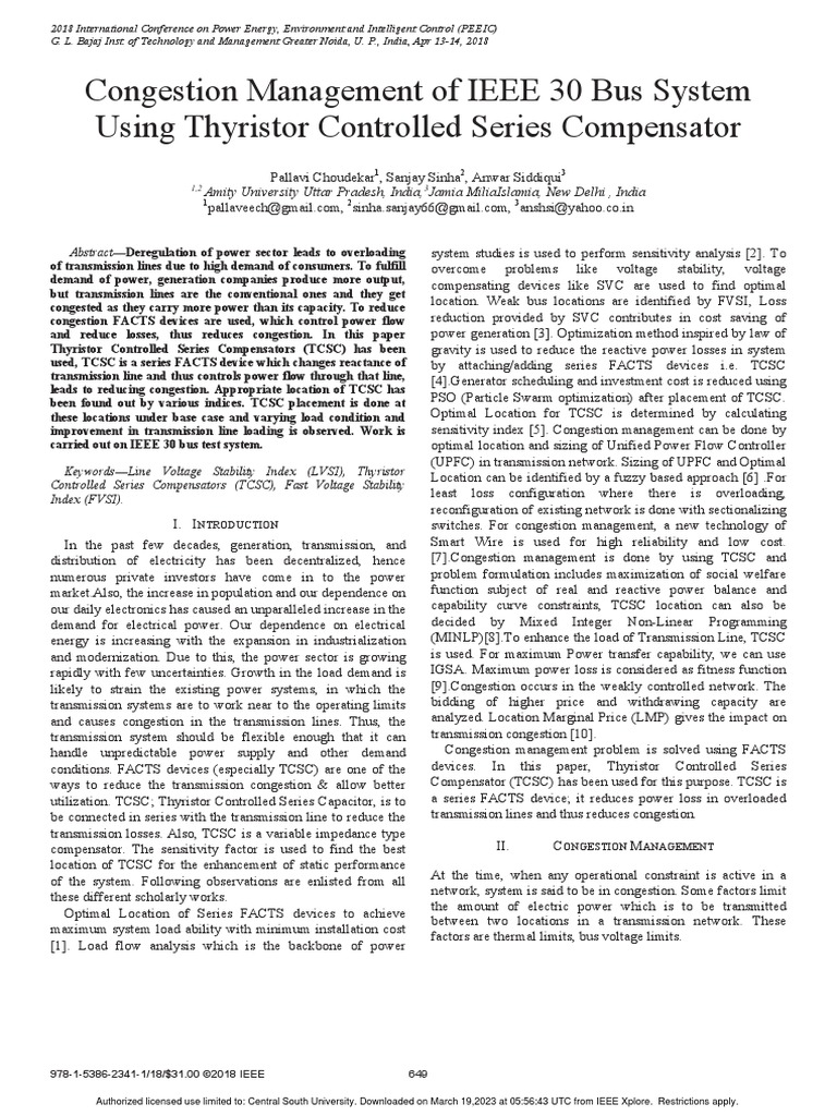 Congestion Management Of Ieee 30 Bus System Using Thyristor Controlled Series Compensator