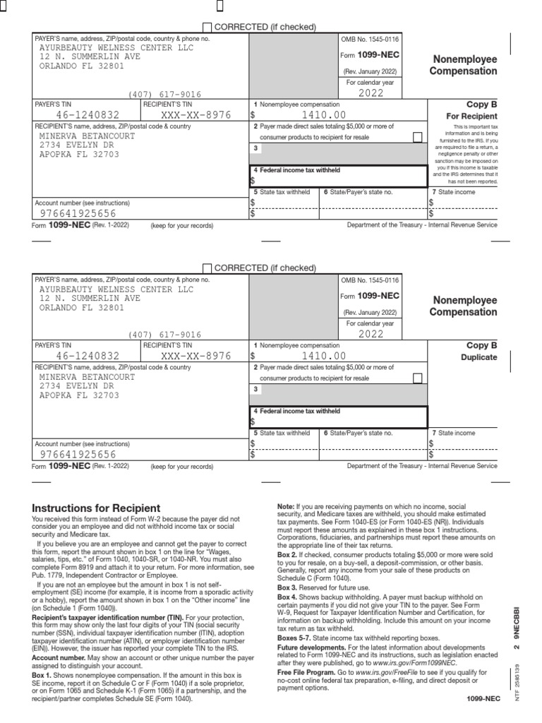 2022 46-1240832 XXX-XX-8976 1410.00: CORRECTED (If Checked) | PDF | Irs ...