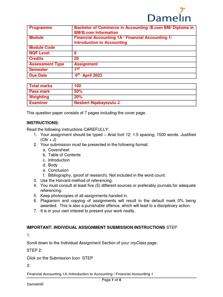 Assignment 1 - Financial Accounting 1A Introduction To Accounting ...