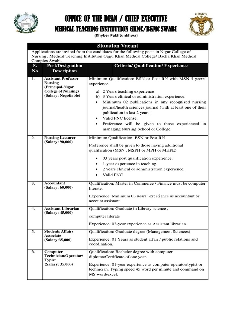Office of The Dean / Chief Executive: Medical Teaching Institution GKMC ...
