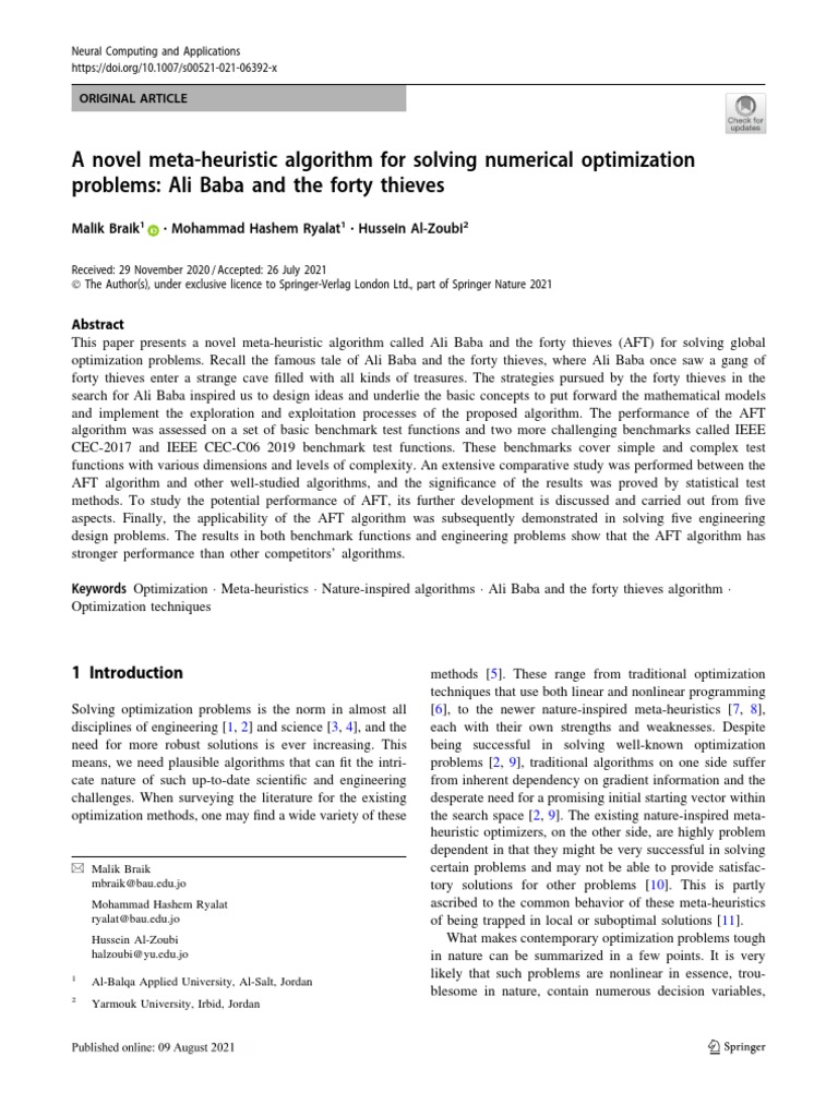 A Novel Meta-Heuristic Algorithm For Solving Numerical Optimization Problems: Ali Baba and The ...