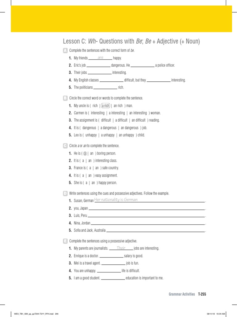 Lesson C: Wh-Questions with Be; Be + Adjective (+ Noun | PDF ...