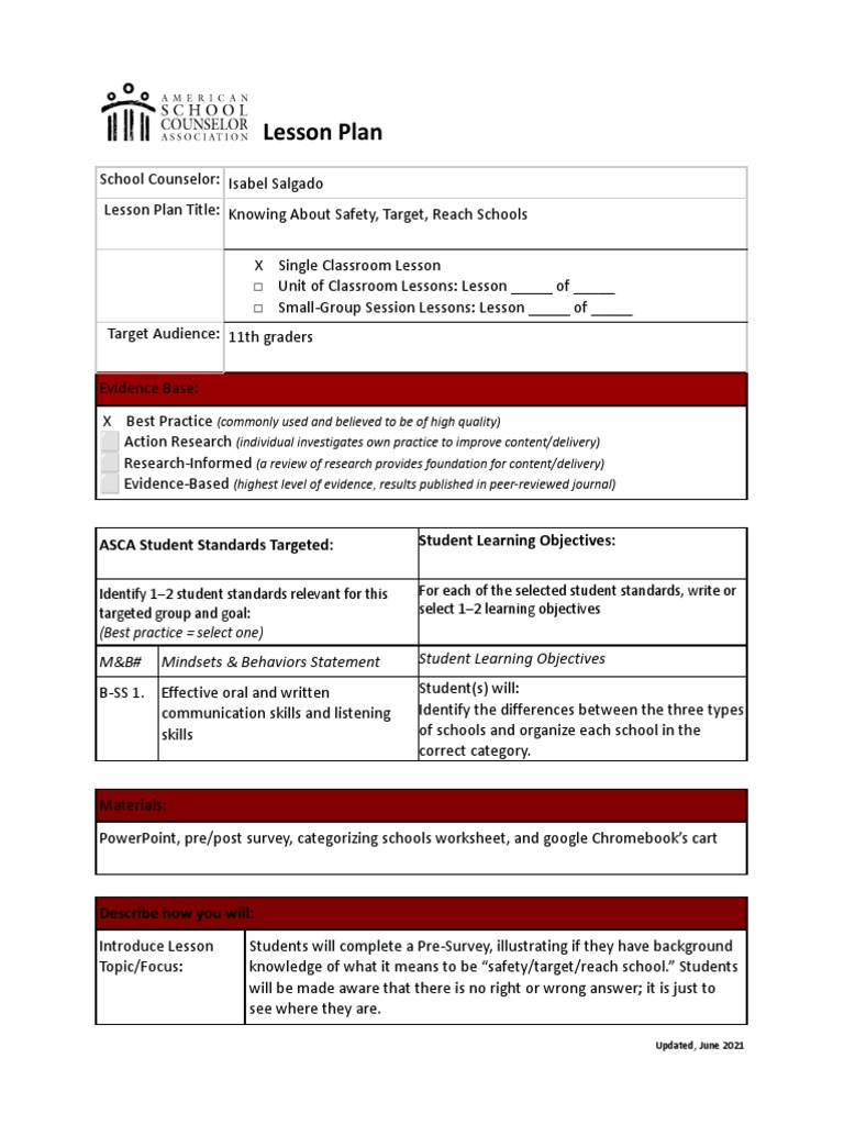 Coun 410 Lesson Plan 1 | PDF | Sat | School Counselor