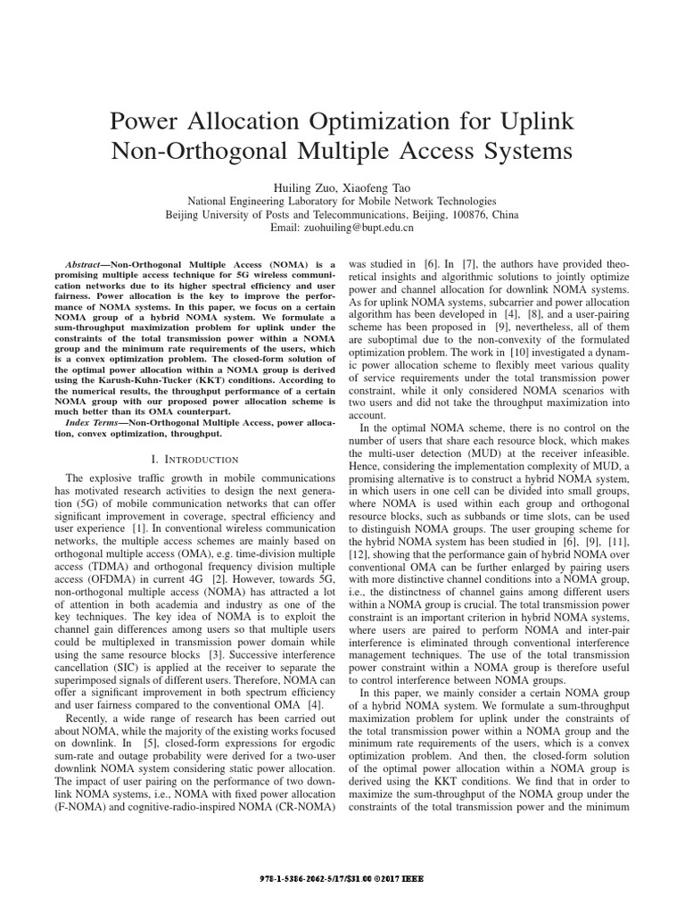 Power Allocation Optimization For Uplink Non-Orthogonal Multiple Access Systems | PDF | Channel ...