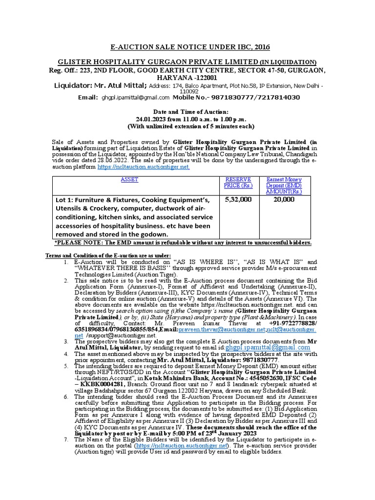 E-Auction Notice for Glister Hospitality | PDF | Finance & Money Management