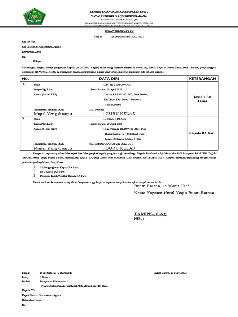 Surat Pernyataan Permohonan PTK 2023 | PDF