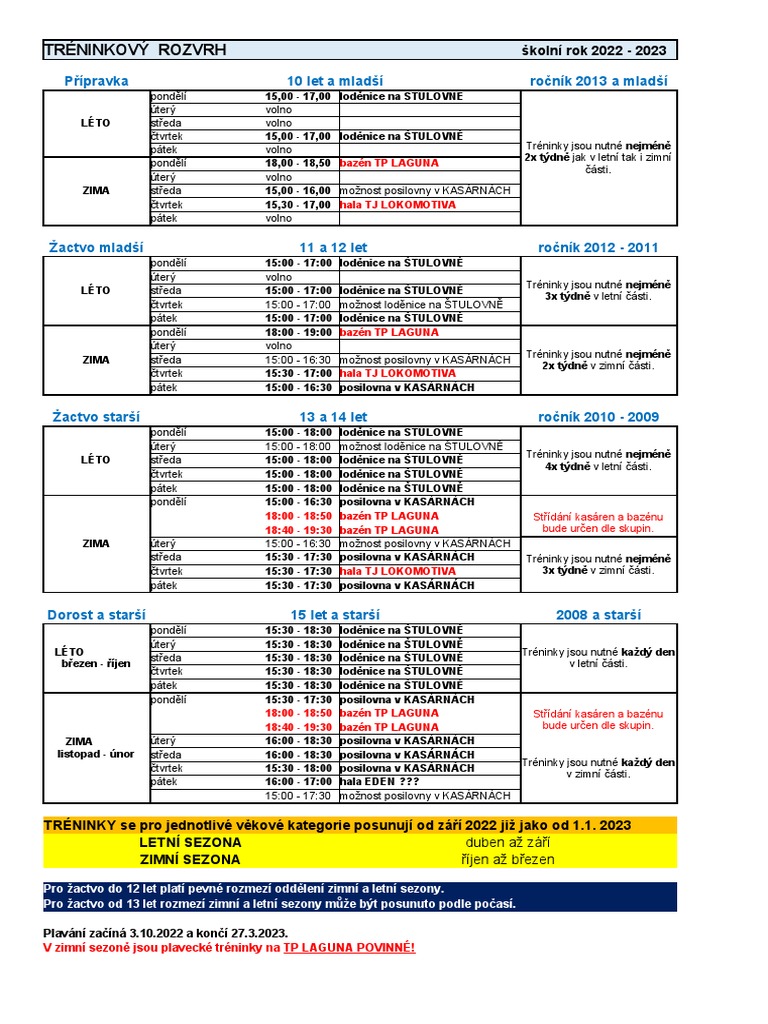 Treninkovy Rozvrh Skolni Rok 2022 2023 | PDF