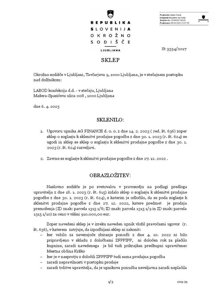 Prodaja Kompleksa Labod, Sklep Sodišča, 6. April 2023 | PDF