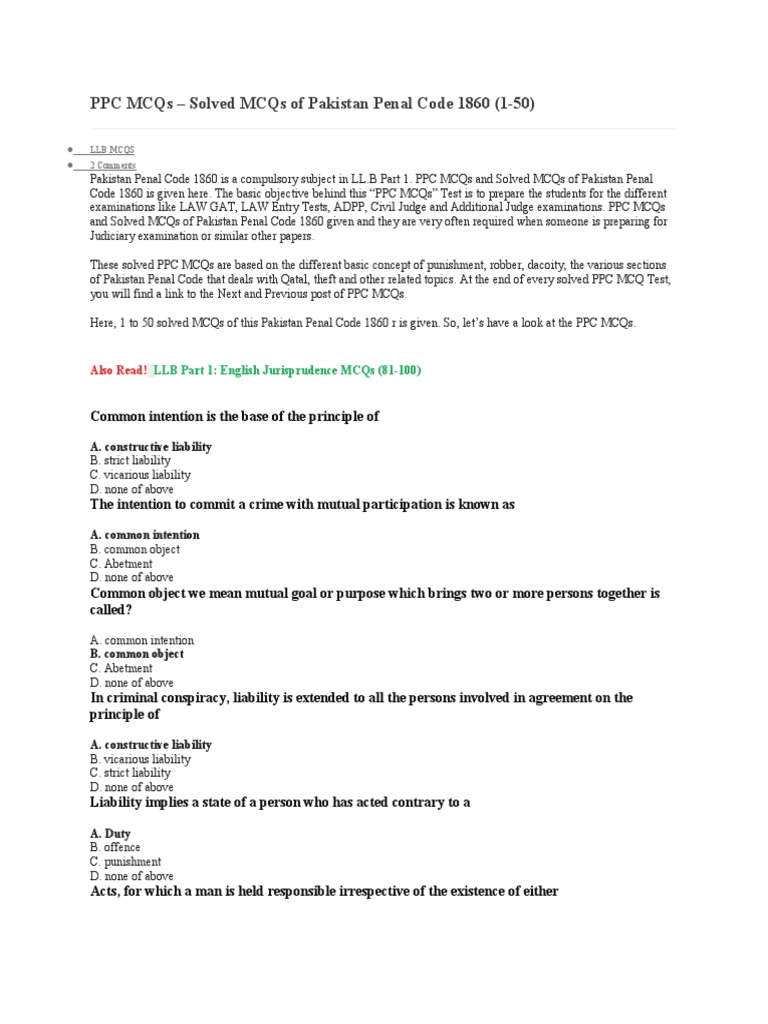 PPC MCQs | PDF | Mens Rea | Crimes