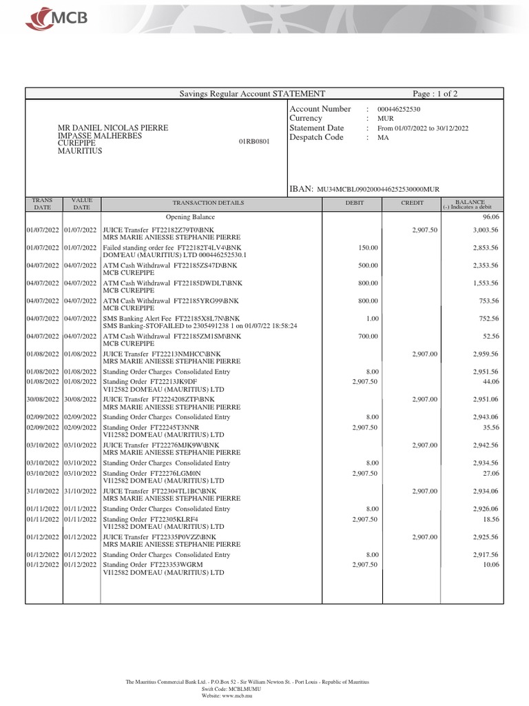 Savings Regular Account STATEMENT Page: 1 of 2: Account Number Currency Statement Date Despatch ...