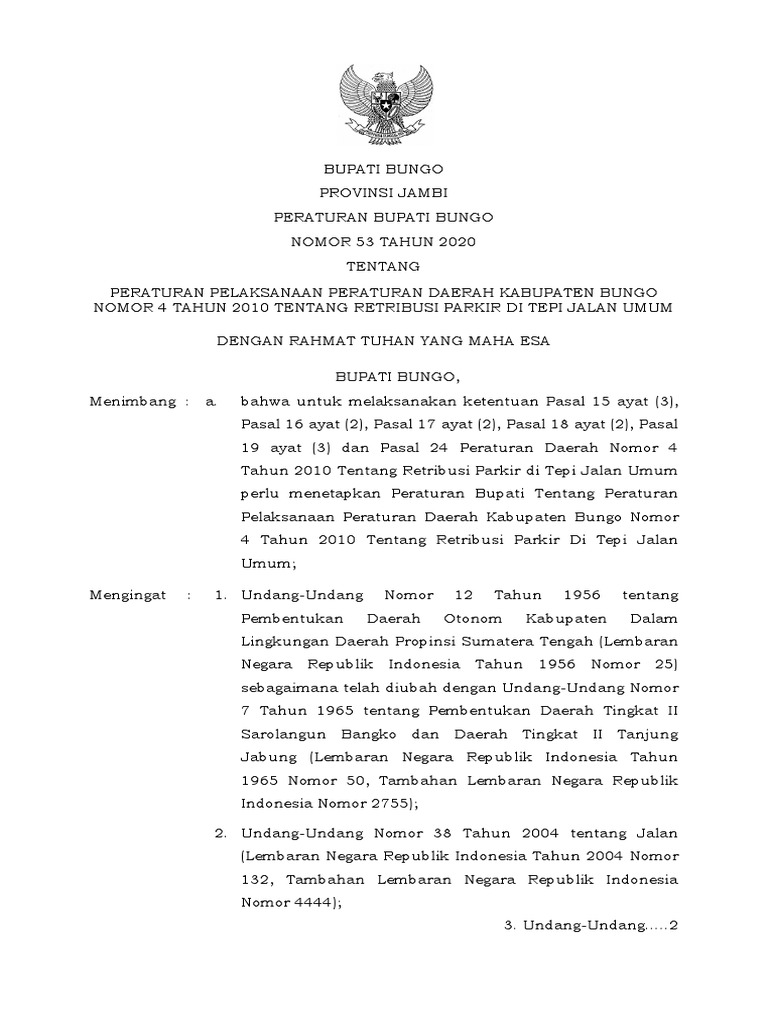 Perbup No 53 2020 - Peraturan Pelaksanaan Perda No 4 Tahun 2010 Tentang ...