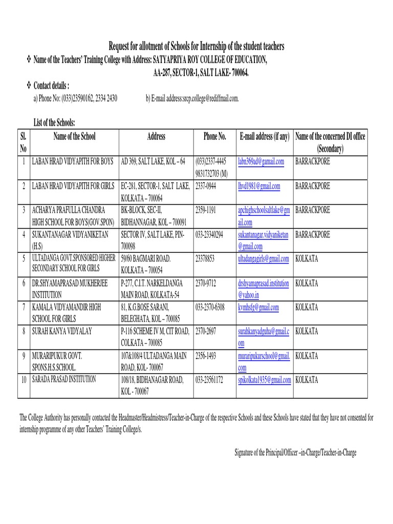 Request For Allotment of Schools For Internship of The Student Teachers ...
