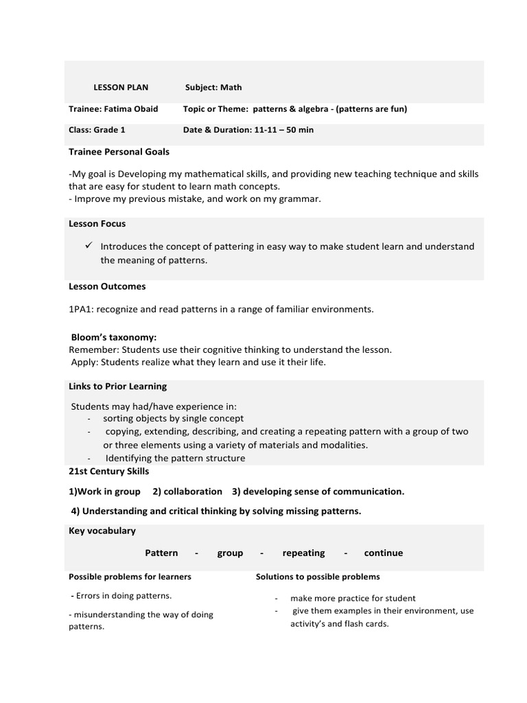 Lesson Plan 3 Pattern Pdf Lesson Plan Mathematics
