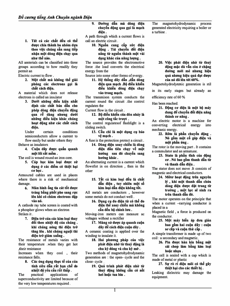 ĐỀ CƯƠNG THI TIẾNG ANH CHUYÊN NGÀNH Điện | PDF | Electric Power Transmission | Capacitor