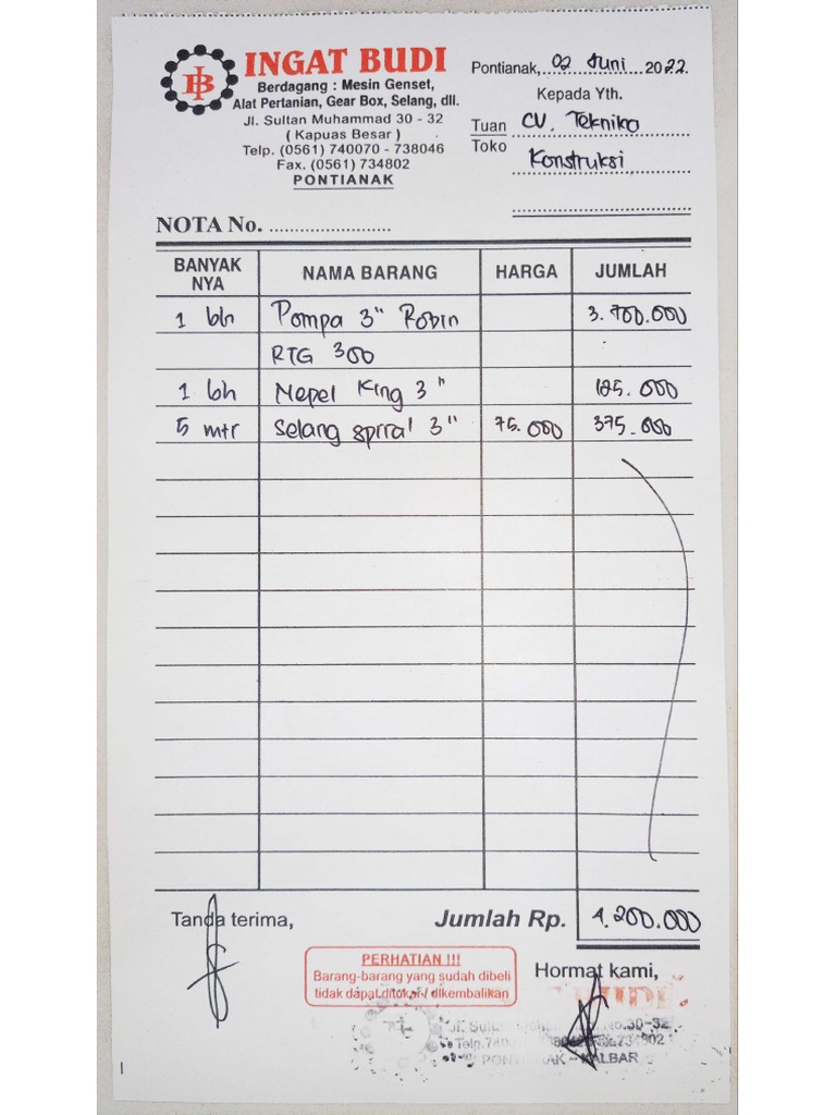 Nota Pembelian POMPA AIR REAL 3 | PDF
