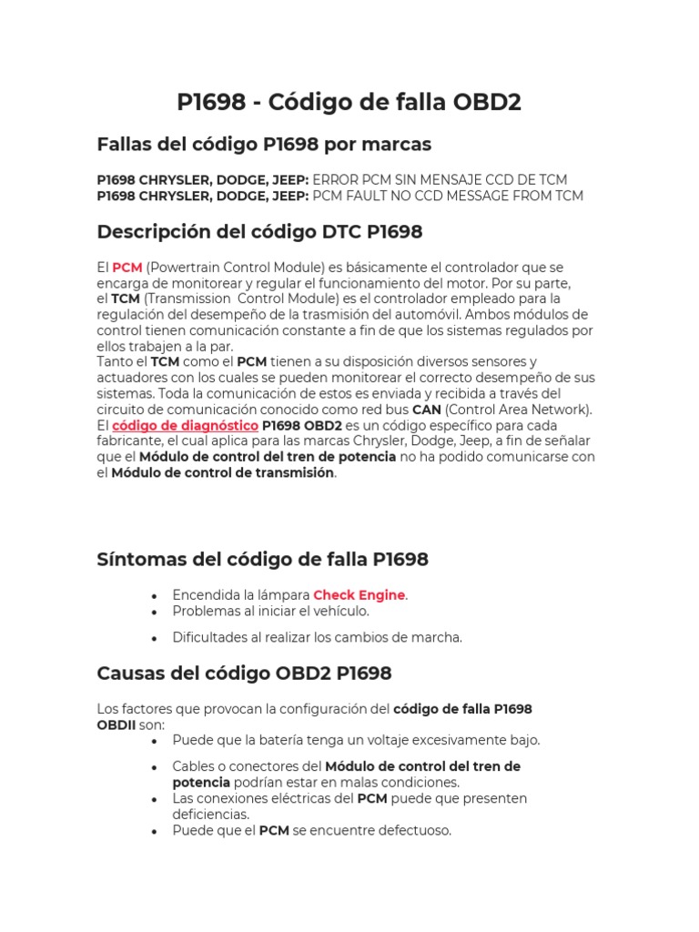 P1698 - Código de Falla OBD2 | PDF | Vehículos | Ingeniería Informática