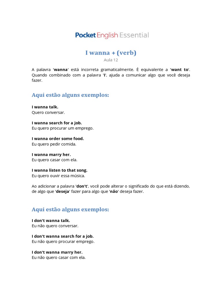 Aula 12 - I Wanna + (Verb) | PDF