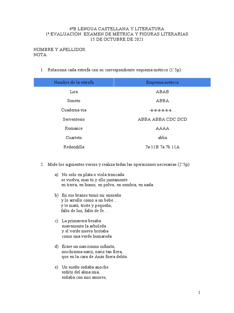 Examen Métrica y Figuras Literarias | PDF | Metro (poesía) | Poética