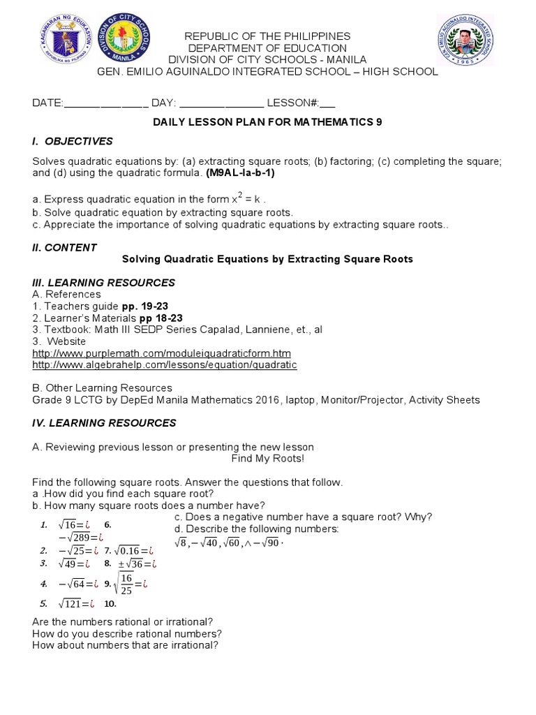 Quadratic Equations: Extracting Roots Lesson | PDF | Quadratic Equation ...