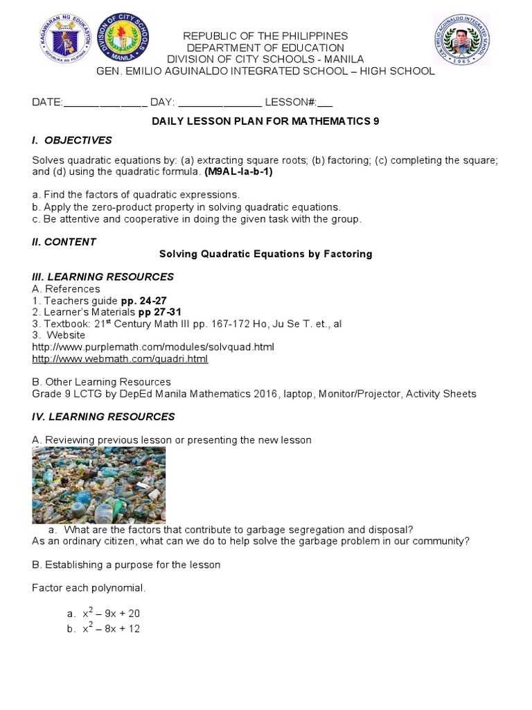 Quadratic Equations Lesson Plan | PDF