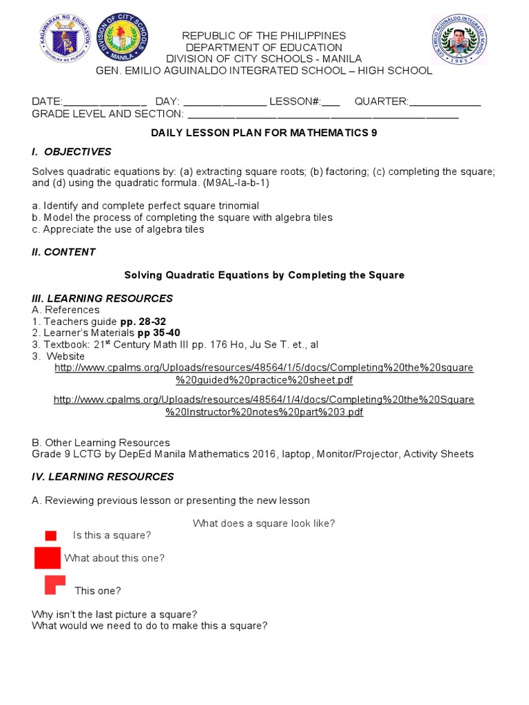 LESSON 5 - Solving Quadratic Equations by Completing The Square | PDF | Equations | Quadratic ...
