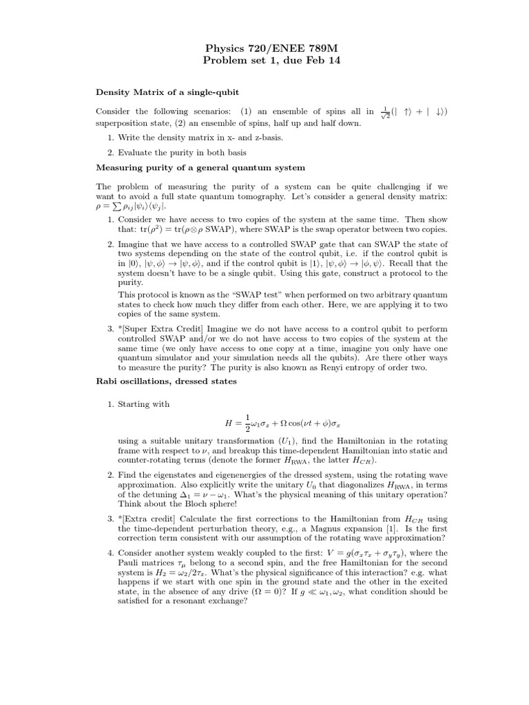Physics 720/ENEE 789M Problem Set 1, Due Feb 14 | PDF | Theoretical Physics | Quantum Mechanics