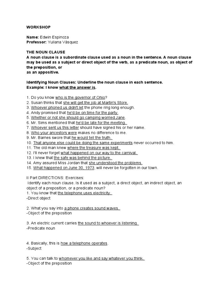 Edwin Espinoza - WORKSHOP ON CLAUSES | PDF | Clause | Pronoun