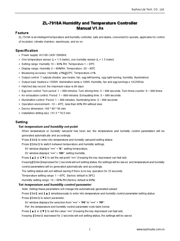 ZL-7918A Humidity and Temperature Controller Manual V1.0a: Feature | PDF | Humidity | Parameter ...