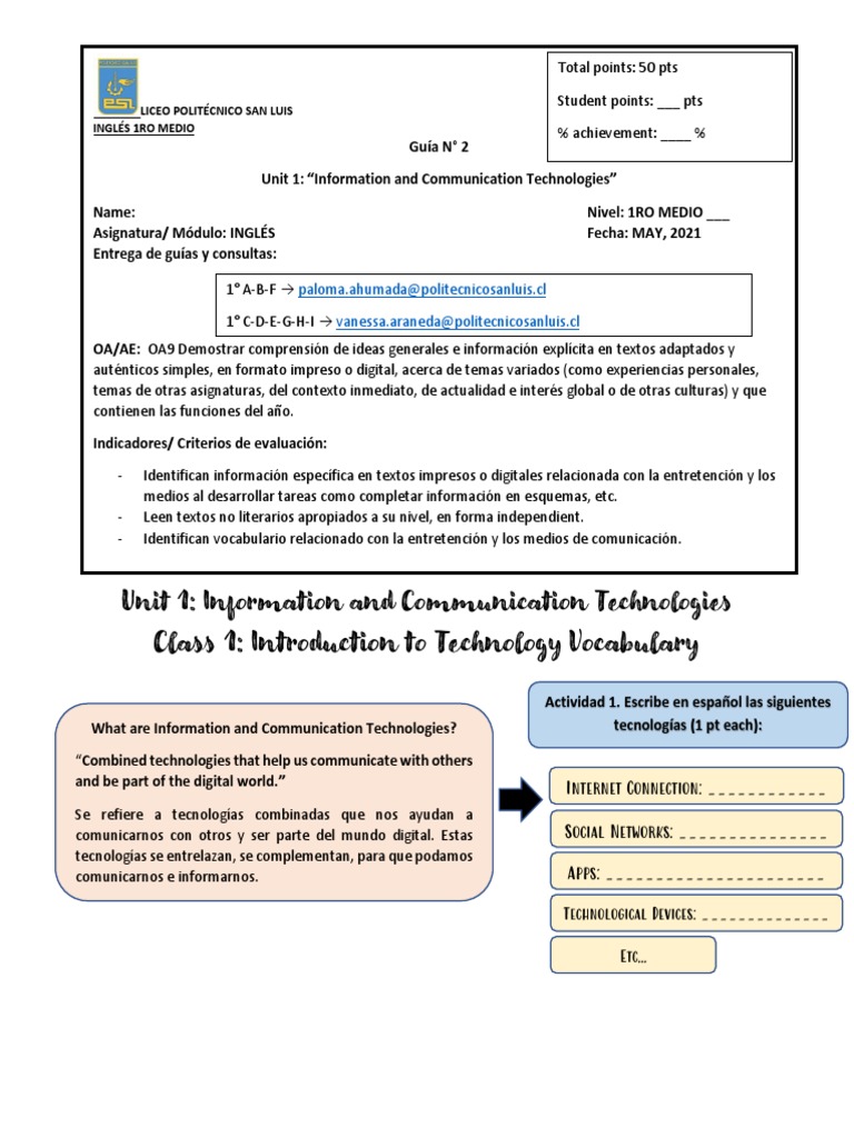 Class 1: Introduction To Technology Vocabulary: Unit 1: Information and Communication ...