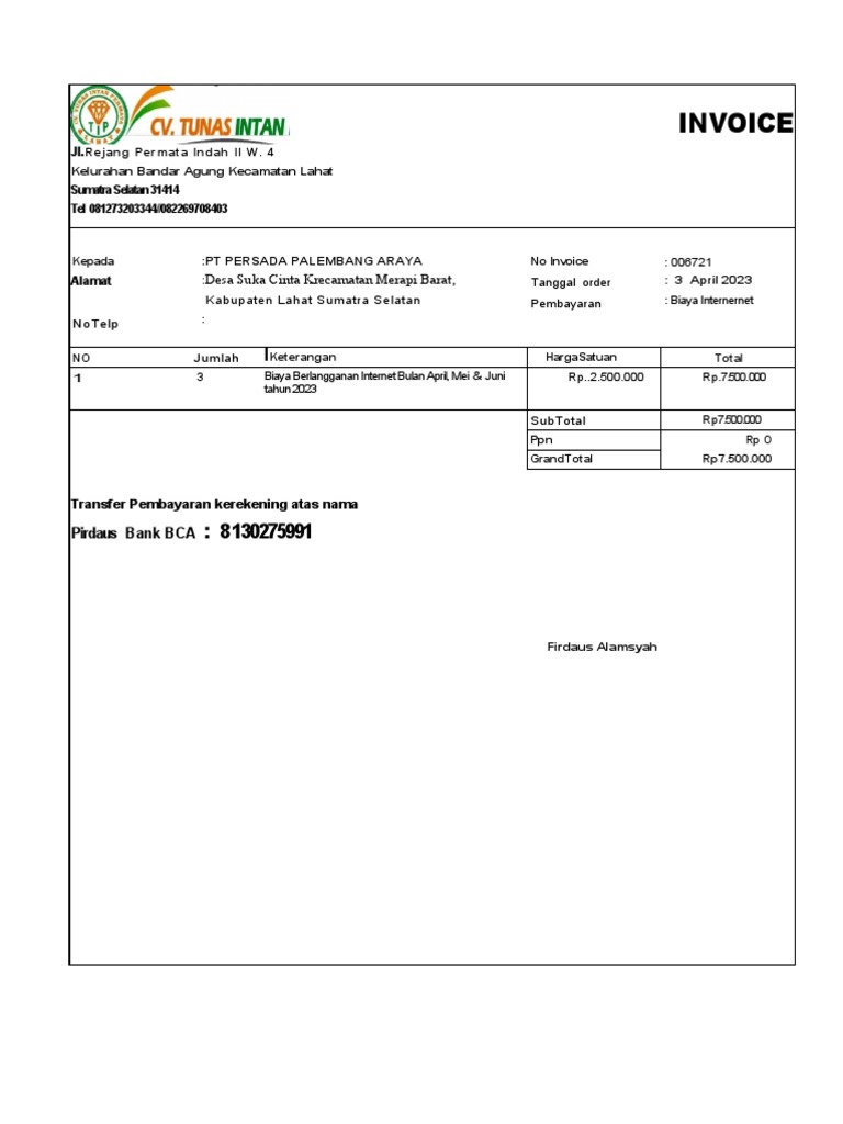 Invoice Internet Desa Suka Cinta | PDF