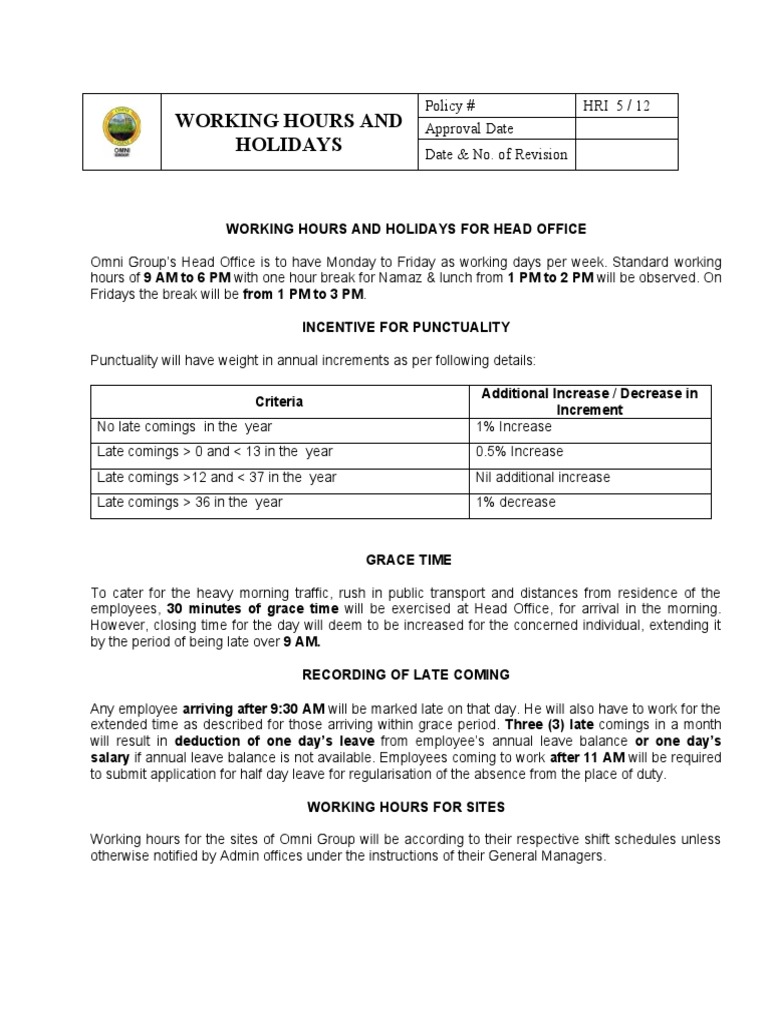 Omni Group Working Hours & Holidays Policy | PDF | Working Time | Business