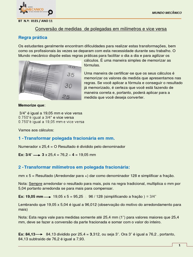 BT - 01es - 1 Conversão de Medidas Polegada - Milimetro | Download Free ...