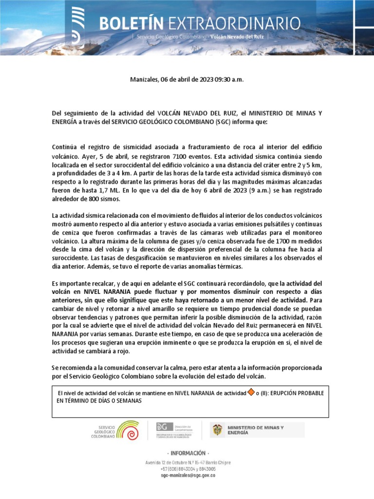Boletin Extraordinario Volcan Nevado Del Ruiz - 06 de Abril 0930 | PDF | Volcán | Temblores