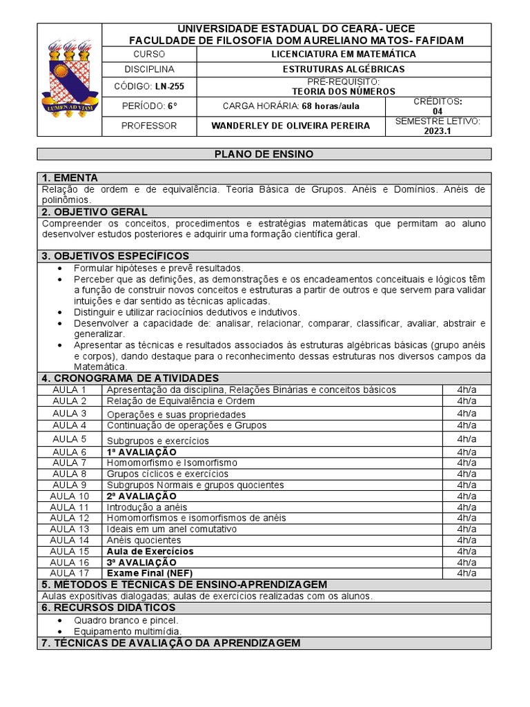 Ementa Estruturas Algébricas | Download grátis PDF | Grupo (Matemática) | Matemática