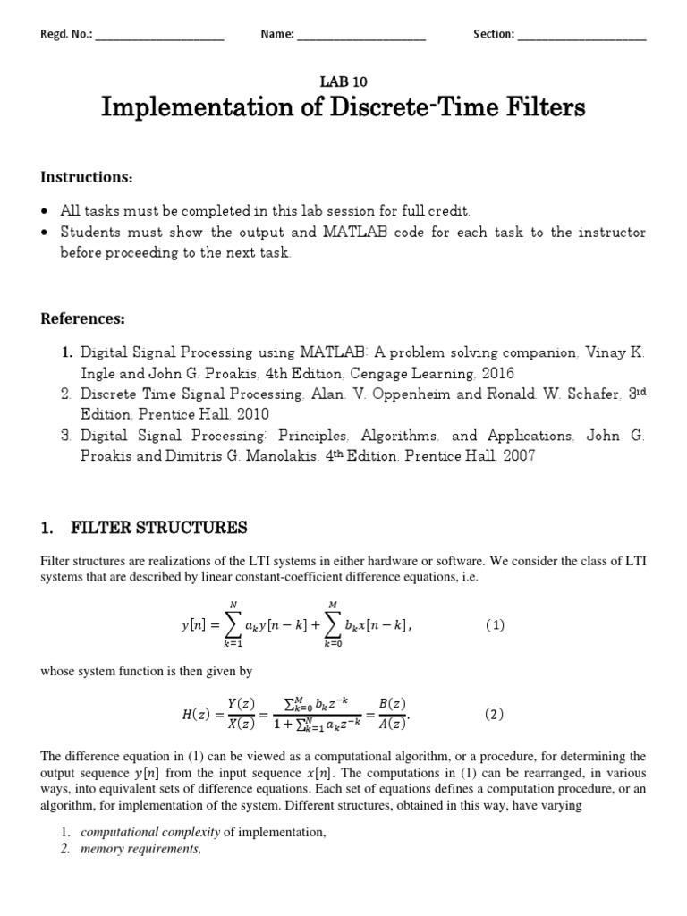 LAB 10 - Implementation of Discrete-Time Filters | PDF | Mathematics ... LAB 10 - Implementation of Discrete-Time Filters | PDF | Mathematics ...