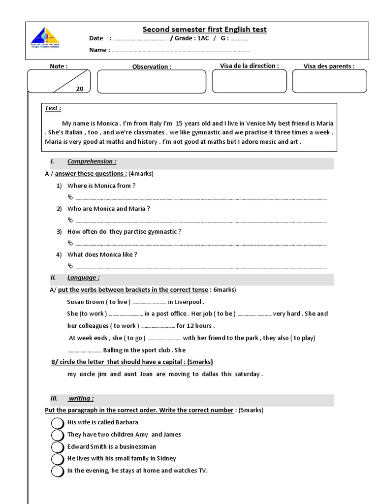 Test 1 Model 4 English 1ac Second Term | PDF