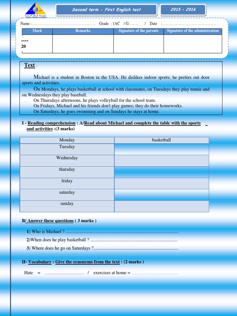 Test 1 Model 1 English 1ac Second Term | PDF