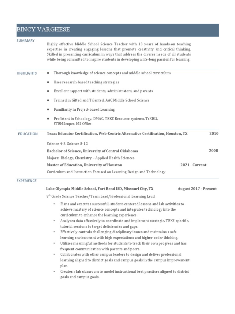Resume - Bincy Varghese Online Without Personal Info | PDF | Learning | Science, Technology ...