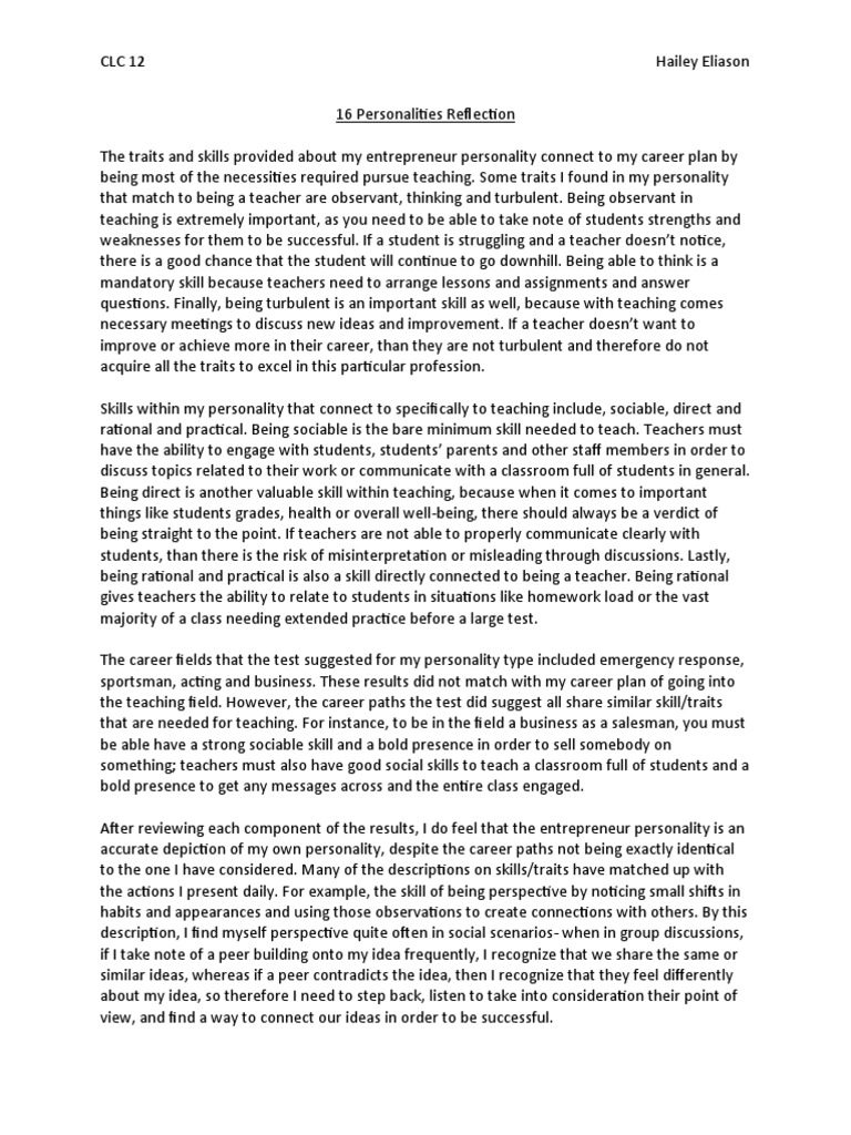 16 Personalities Reflection CLC 12 | Download Free PDF | Teachers ...